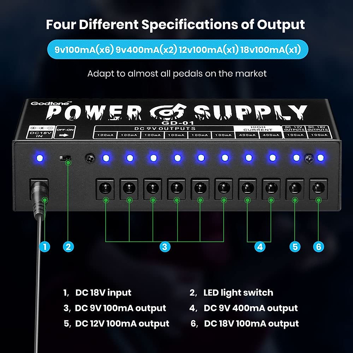 Guitar Effect Pedal Power Supply 10 DC Output for 9V 12V 18V Pedals with Short Circuit Overcurrent Protection Separate GD-01