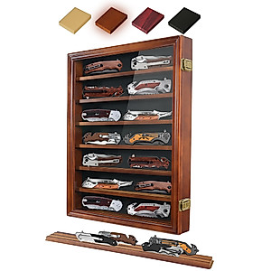 ASmileIndeep Pocket Knife Display Case 7 Rows Lockable Wooden Knife Shadow Box with HD Tempered Glass, Military Folding Knife Cabinet Stand for Wall with Removable Shelves, Walnut