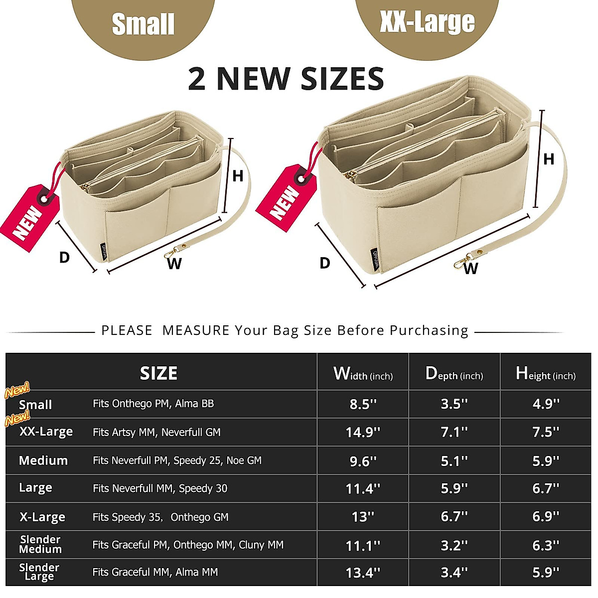 OPPOSHE Purse Organizer Insert for Handbags, Softened Felt Bag Insert Organizer for Tote, Handbag Organizer Compatible with LV, Coach, MK, Kate Spade, Goyard, Longchamp (Beige, Medium)