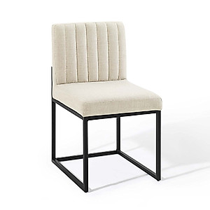 Modway Carriage Channel Tufted Sled Base Upholstered Fabric Dining Chair, Black Beige