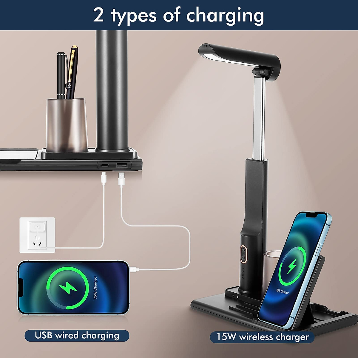 S SUNSBELL Led Desk Lamp, Wireless Charger 15W, Desk Lamp with USB Charging Port, 3 Lighting Modes 5W Desk Lamps for Home Office, Dorm Room Essentials Office Accessories, College Student Gifts