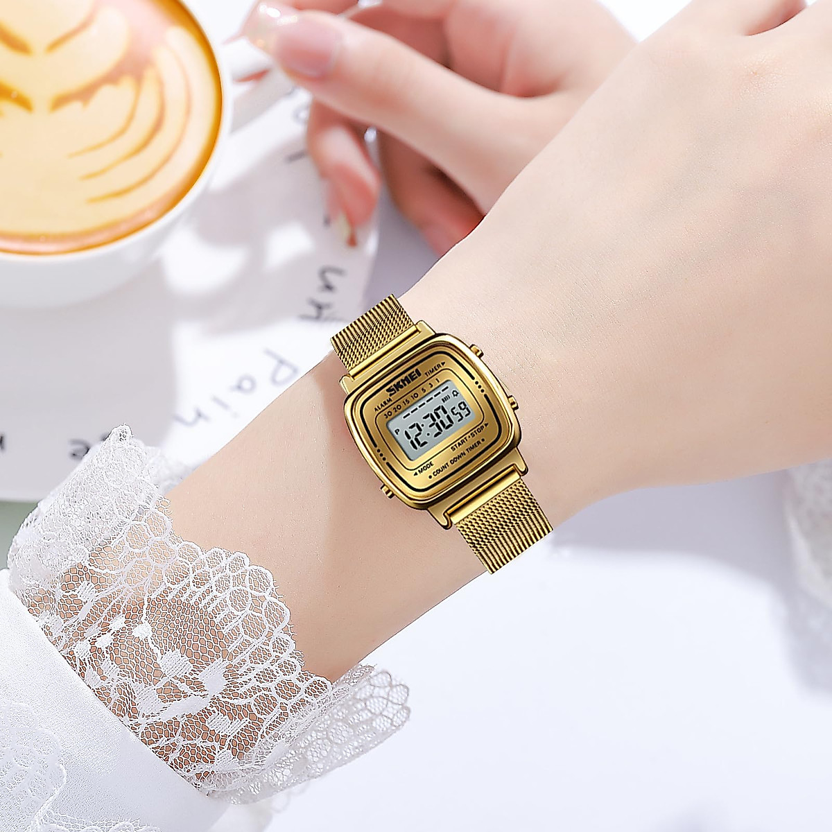 MASTOP Women's Digital Watches Ultra-Thin Gorgeous Simple Petite Wrist Watches Small Dial Mesh Steel Bracelet (Gold)