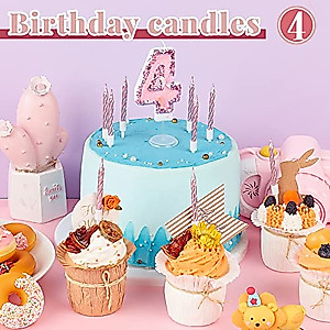 2.75" Large Pink Glitter 4th Year Happy Birthday Candles Girls Number Candles for Birthday Cakes Sequin Numeral Princess Candles Number Birthday Cake Topper with 10 Long Thin Cupcake Candle for Party
