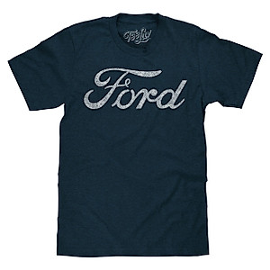 Tee Luv Men's Distressed Ford Signature Shirt, Navy Heather, S