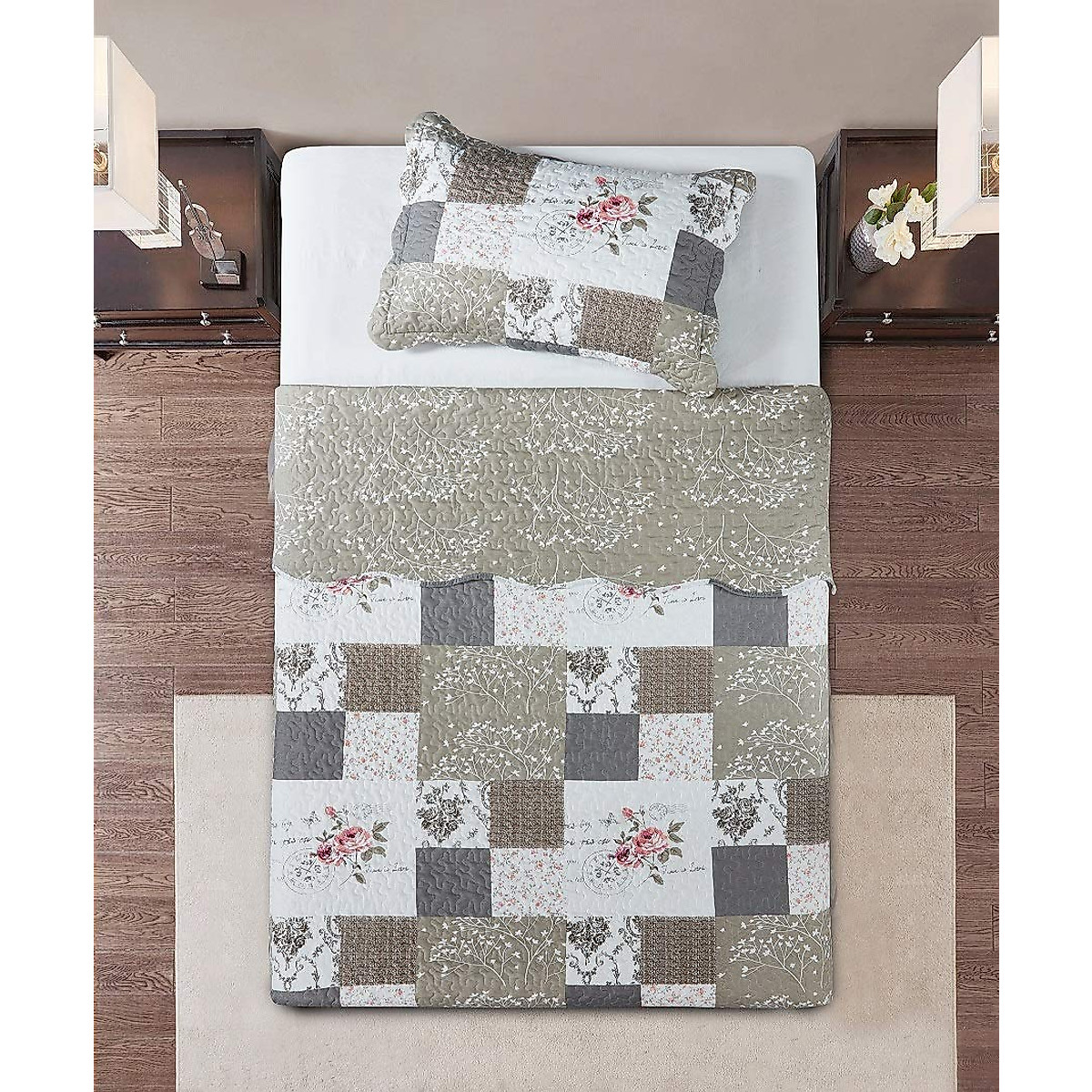 Brilliant Sunshine Roses and Toile Quilt Set, 2-Piece Bedding Sets with 1 Sham, Patchwork Design, Washable and Reversible Bedspread, Soft Lightweight Coverlet, All-Season, Twin/Twin XL, Rose Grey