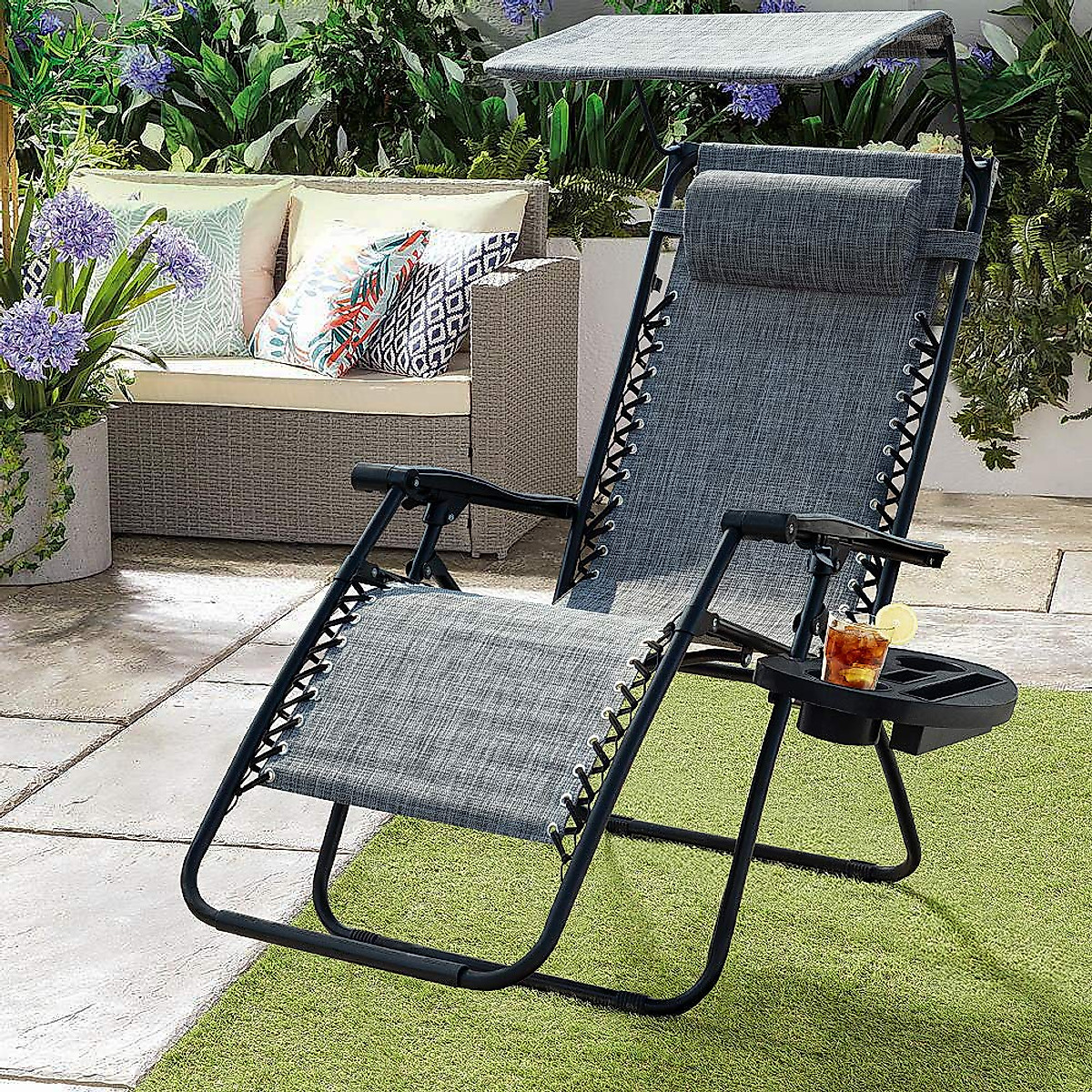 Flamaker Zero Gravity Chair with Canopy Outdoor Lounge Chair Folding Patio Recliners Adjustable Lawn Lounge Chair with Pillow for Poolside, Yard and Camping (Grey)