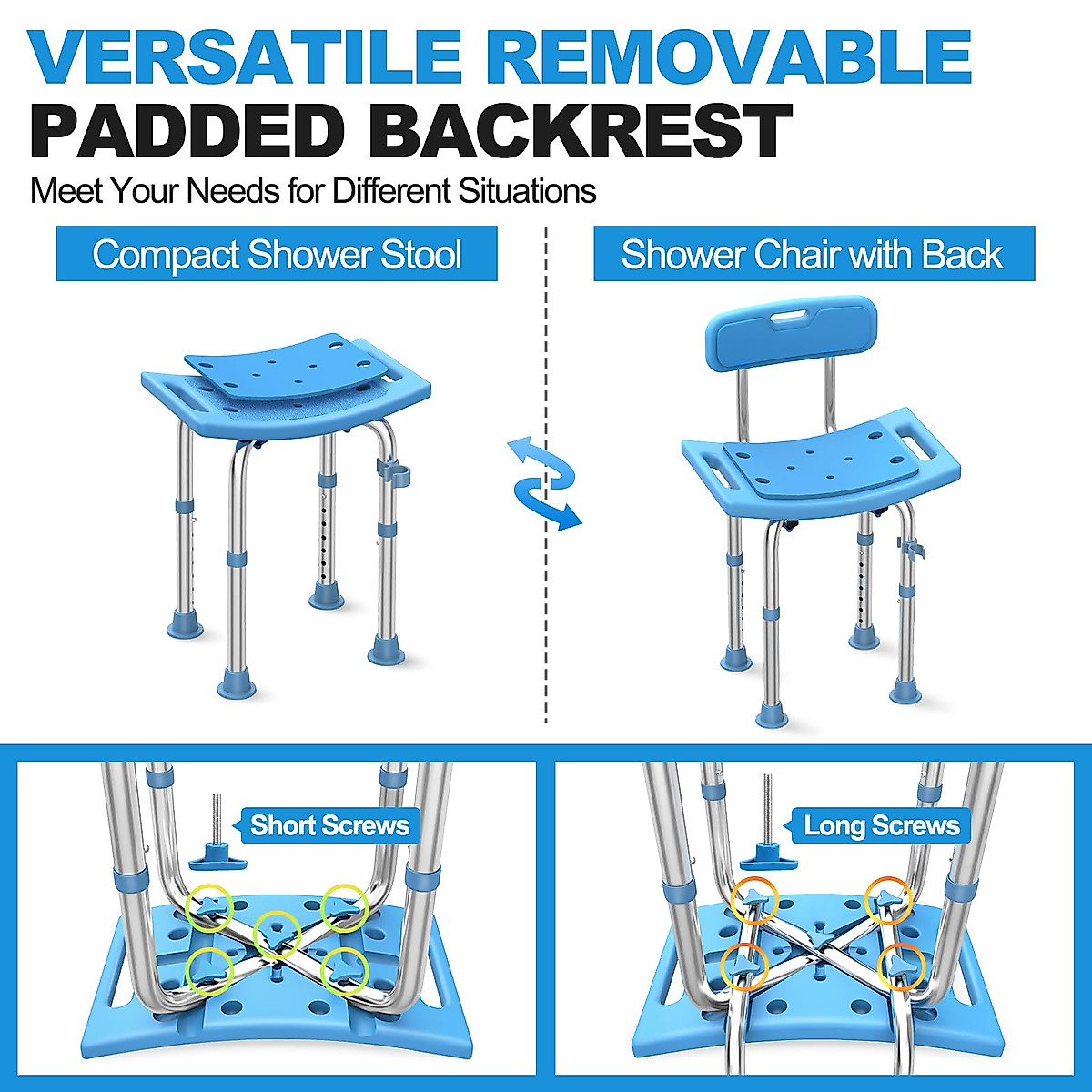 Medhelp Shower Chair with Back for Inside Shower, FSA/HSA Eligible Heavy Duty 380lbs Stainless Steel Adjustable Shower Stool, Tool Free & Anti Slip Padded Bath Seat for Elderly, Handicap & Disabled