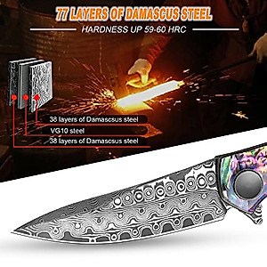AUBEY Damascus Pocket Knife for Men Women, 3.23 inch Blade of EDC Hunting Knives with Abalone Shell Handle, Ball Bearing, Liner Lock - Sharp Damascus Steel Knife with Clip, Gift for Camping