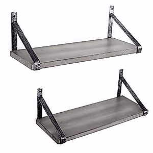 Under.Stated Wall Mounted Wood Shelves – Floating Solid Wood Shelf with Rustic Silver Painted Brackets, Set of 2 (Rustic Gray)