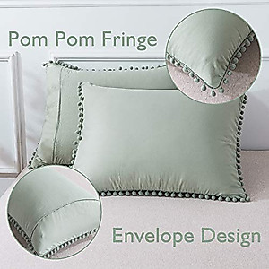 Andency Pom Pom Fringe Duvet Cover Queen Size (90x90 Inch), 3 Pieces (1 Solid Sage Green Duvet Cover, 2 Pillowcases) Soft Washed Microfiber Duvet Cover Set with Zipper Closure, Corner Ties