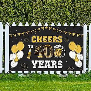 DARUNAXY 40th Birthday Black Gold Party Decorations, Cheers to 40 Years Banner for Men 40 Year Old Birthday Party Supplies, Large Fabric 40 Birthday Backdrop Photography Background for Women