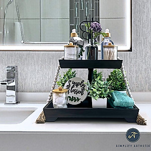 Pine Wood Tiered Tray - 2 Tier Tray - Farmhouse Tiered Tray - Two Tiered Tray - Island Decorations for Kitchen - 2 Tiered Tray Stand with 39" Beads and Home Sweet Home Sign (Black)