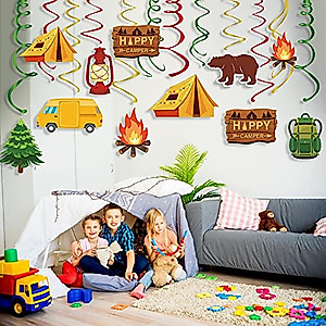 30CT Camping Hanging Swirl Party Decorations, Happy Camper Foil Swirls Camping Adventure Ceiling Streamers, Camping Theme Party Supplies Birthday Decoration for Kids Adults Baby Shower
