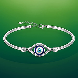Evil Eye Bracelet for Women Sterling Silver Greek Turkish Blue Evil Eye Bangle Bracelets Adjustable Good Luck Protection Jewelry White Gold Cute Mothers Day Gifts