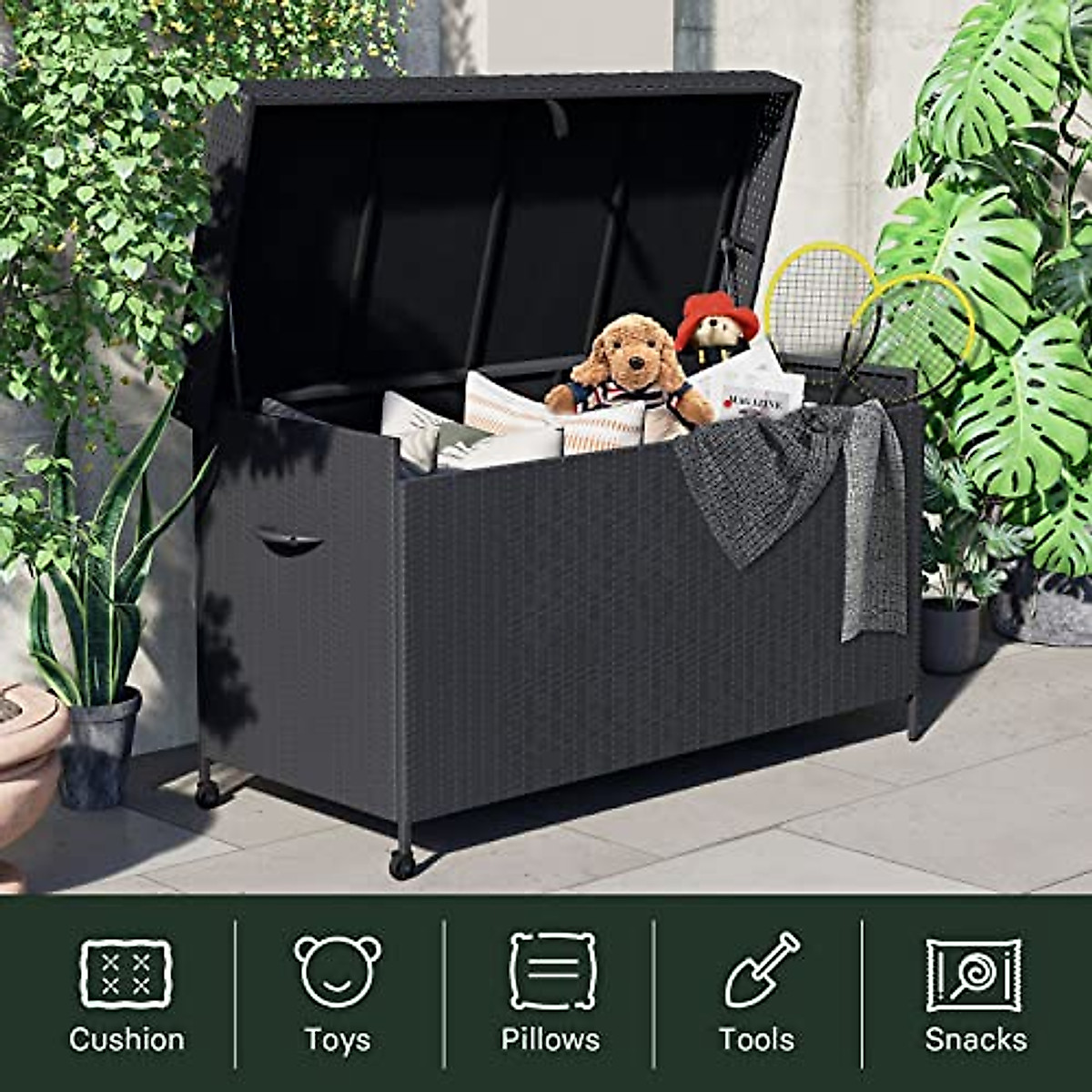 Grand patio Outdoor 170 Gallon Deck Box Outdoor Large Wicker Storage Box with Widened Lid for Patio Furniture Cushions Toys Garden Tools Pool Accessories, Black