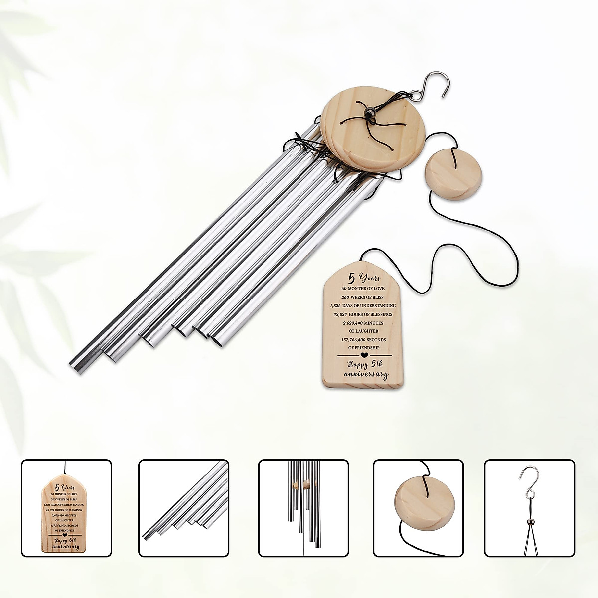 5 Years Anniversary Wind Chime, Happy 5th Anniversary Gift, 5 Years of Marriage, Wood Wedding Anniversary Keepsake for Couples Husband Wife, Valentines Day Gifts for Him Her, 5 Years Down