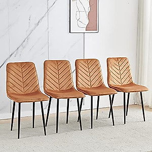 BELIFEGLORY Occasional Velvet Dining Chairs Set of 4 Upholstered Grid Pattern Dining Room Chairs Accent Office Reception Chairs Padded Seat with Black Metal Legs for Kitchen Restaurant (Orange)