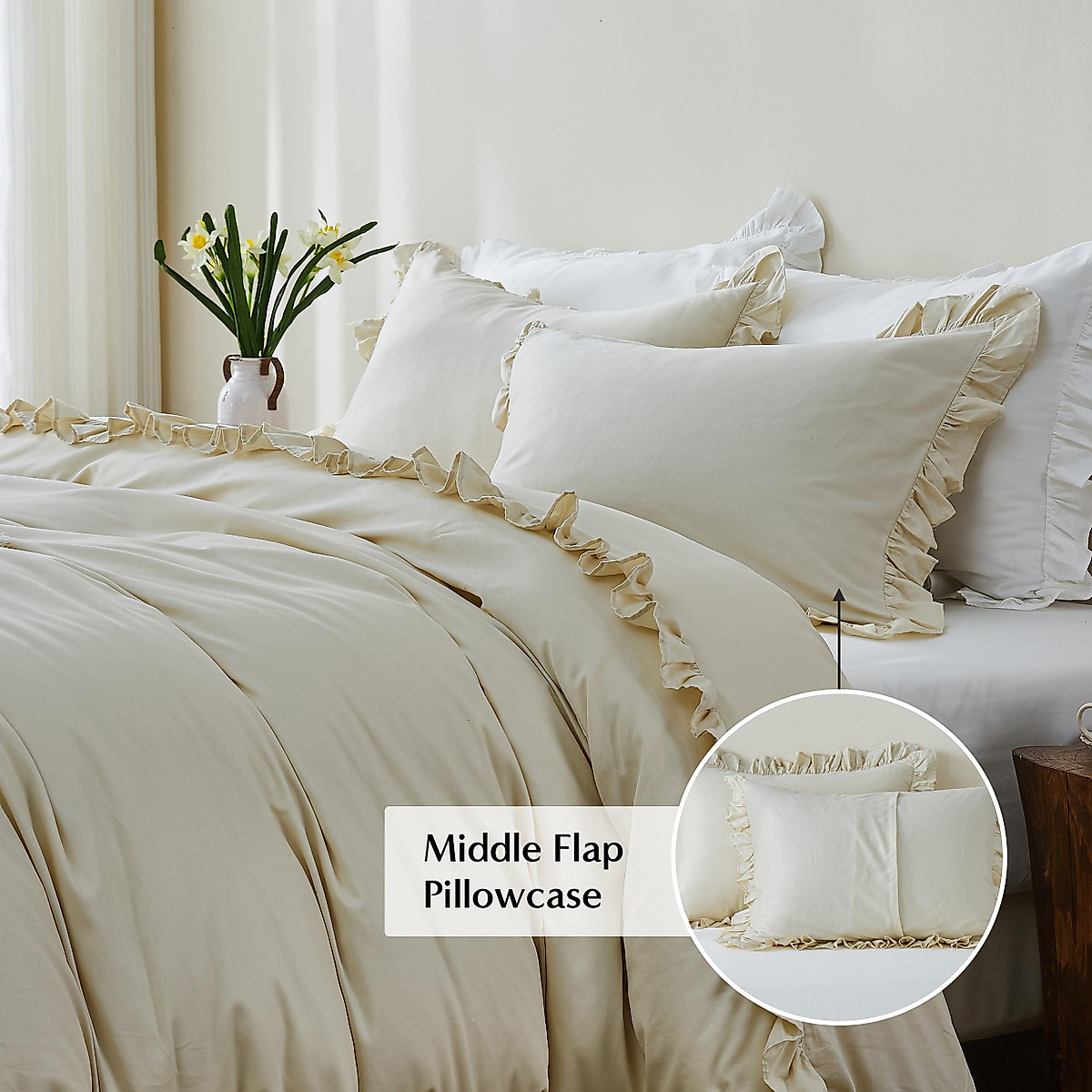 Simple&Opulence Kids 100% Organic Cotton Duvet Cover Ruffle- 3 Pcs (1 Comforter Cover 2 Pillowcases) Lace Shabby Chic High End Boho Floral Frill Bedding Set(Peach Pink,Queen)