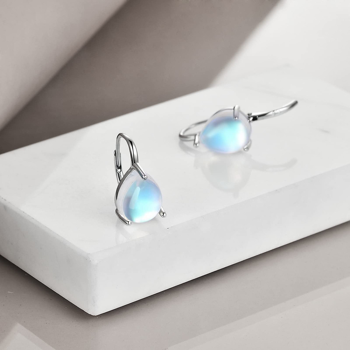SHEAISRS Teardrop Moonstone Leverback Earrings 925 Sterling Silver Moonstone Earrings for Women Birthday