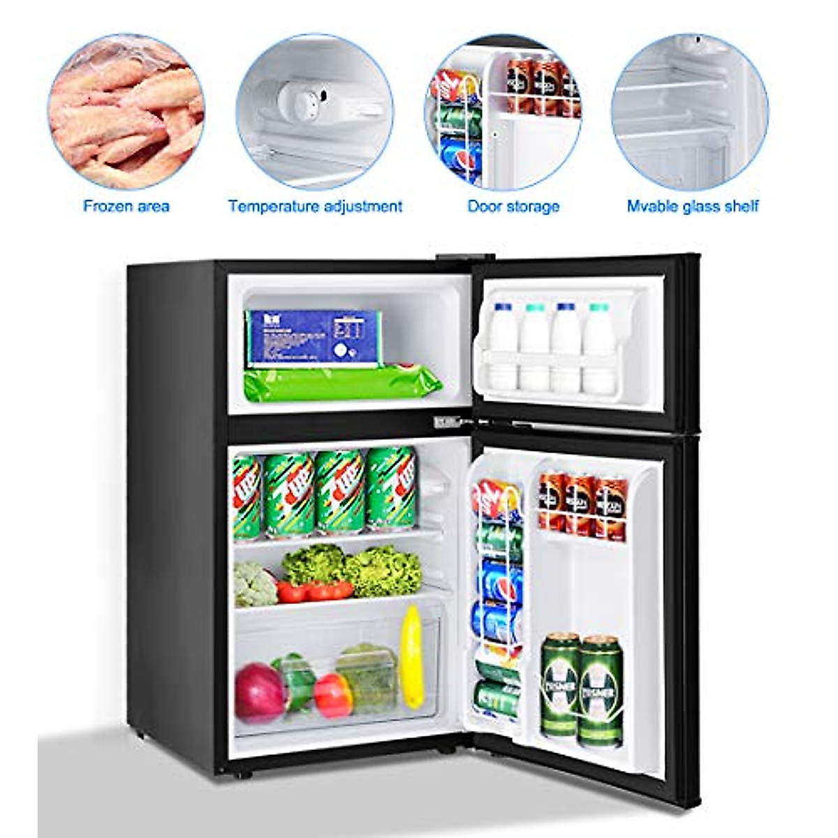 Toolsempire Mini Fridge,3.2 Cu.FT Compact Refrigerator with Freezer, Dual Door Refrigerator with Adjustable Temperature & Removable Glass Shelves, Mini Fridge for Dorm, Office, Bedroom, Kitchen(Black)