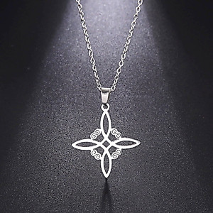kkjoy Witches Knot Necklace Stainless Steel Magic Knot Pagan Wiccan Symbol Pendant 4-Pointed Celtic Knot Witchcraft Necklace for Women