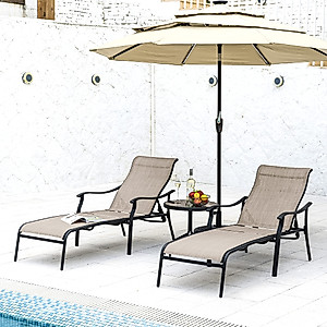 HAPPATIO Patio Chaise Lounge 3 Pieces,Patio Lounge Chair with Glass Coffee Table,Pool Lounge Chair with Breathable Textilene Fabric for Patio Backyard Poolside (Brown)
