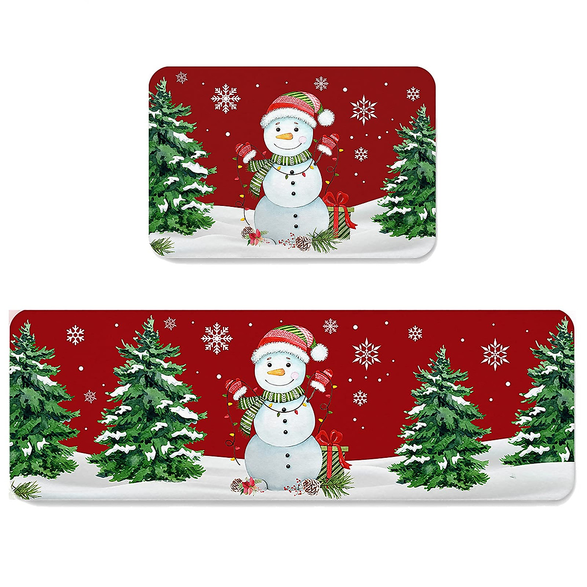 Snowman Christmas Kitchen Mats Sets 2 Piece, Xmas Snowman Tree Snowflake Red Background Kitchen Rugs and Mats Non-Slip Washable Runner Carpets for Christmas Decorations, 15.7" x 23.6" + 15.7" x 47.6"