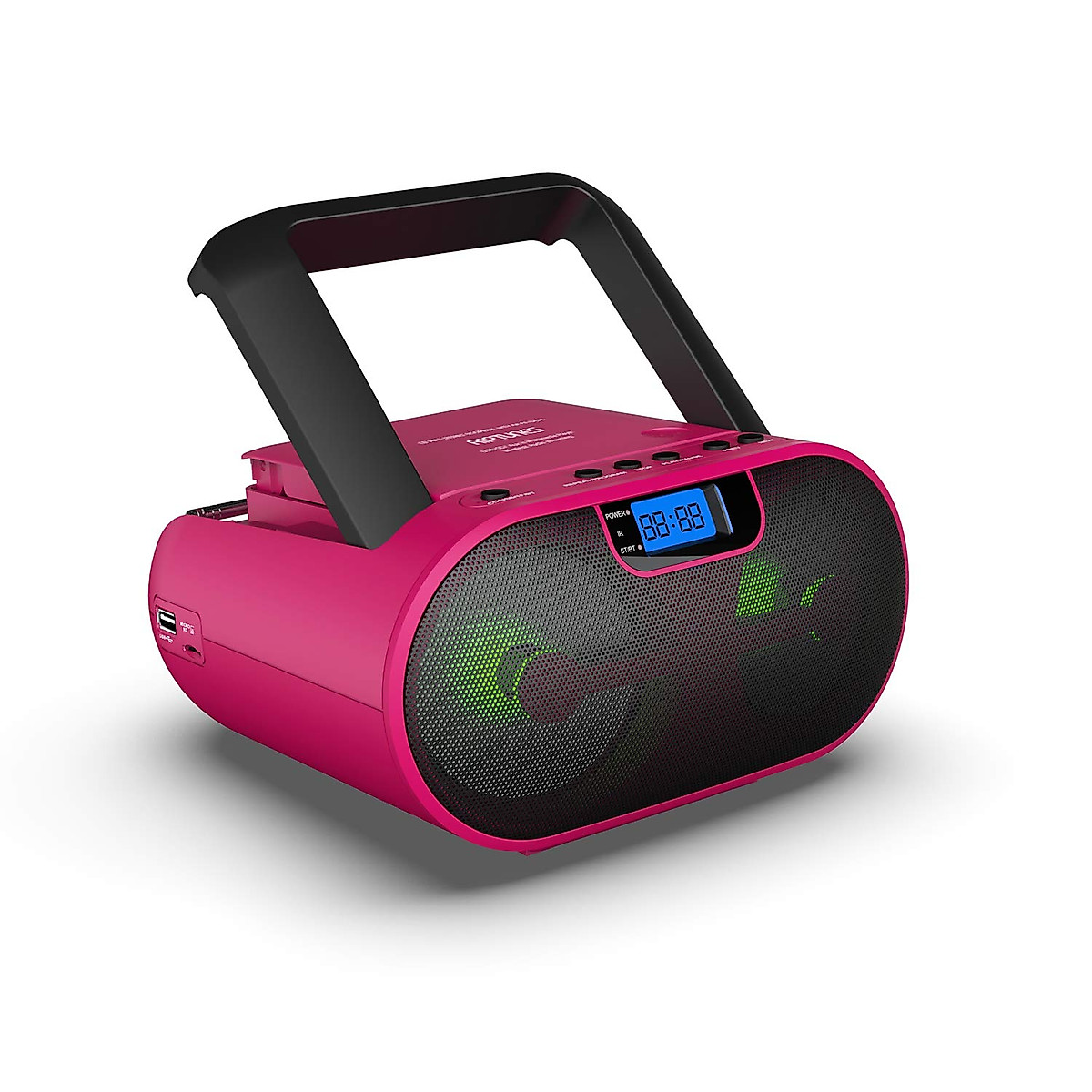 Riptunes CD Player Boombox Portable Radio AM/FM Bluetooth Boombox MP3/CD, USB, mSD, Aux, Headphone Jack Stereo Sound System with Enhanced Bass, LED Lights, LCD Display with Remote, Pink