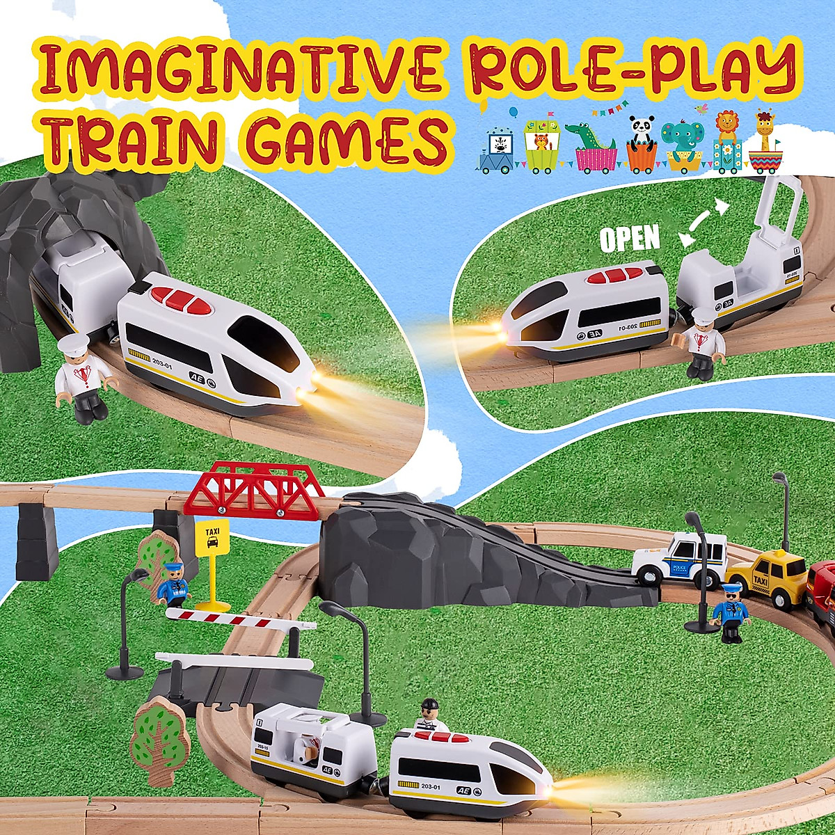 BRINJOY Battery Operated Train Set for Wooden Train Tracks, Powerful Engine Action Locomotive Train (Magnetic Connection) w/Sound for Boys & Girls, Bullet Toy Train Set for Toddlers Ages 3+, White