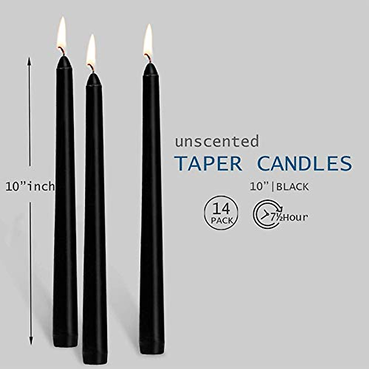 Tonsooze Black Taper Candles, 14 pcs Unscented Candles, 10 inch High, 3/4 inch Thick - 7.5 Hours Burning (Black)