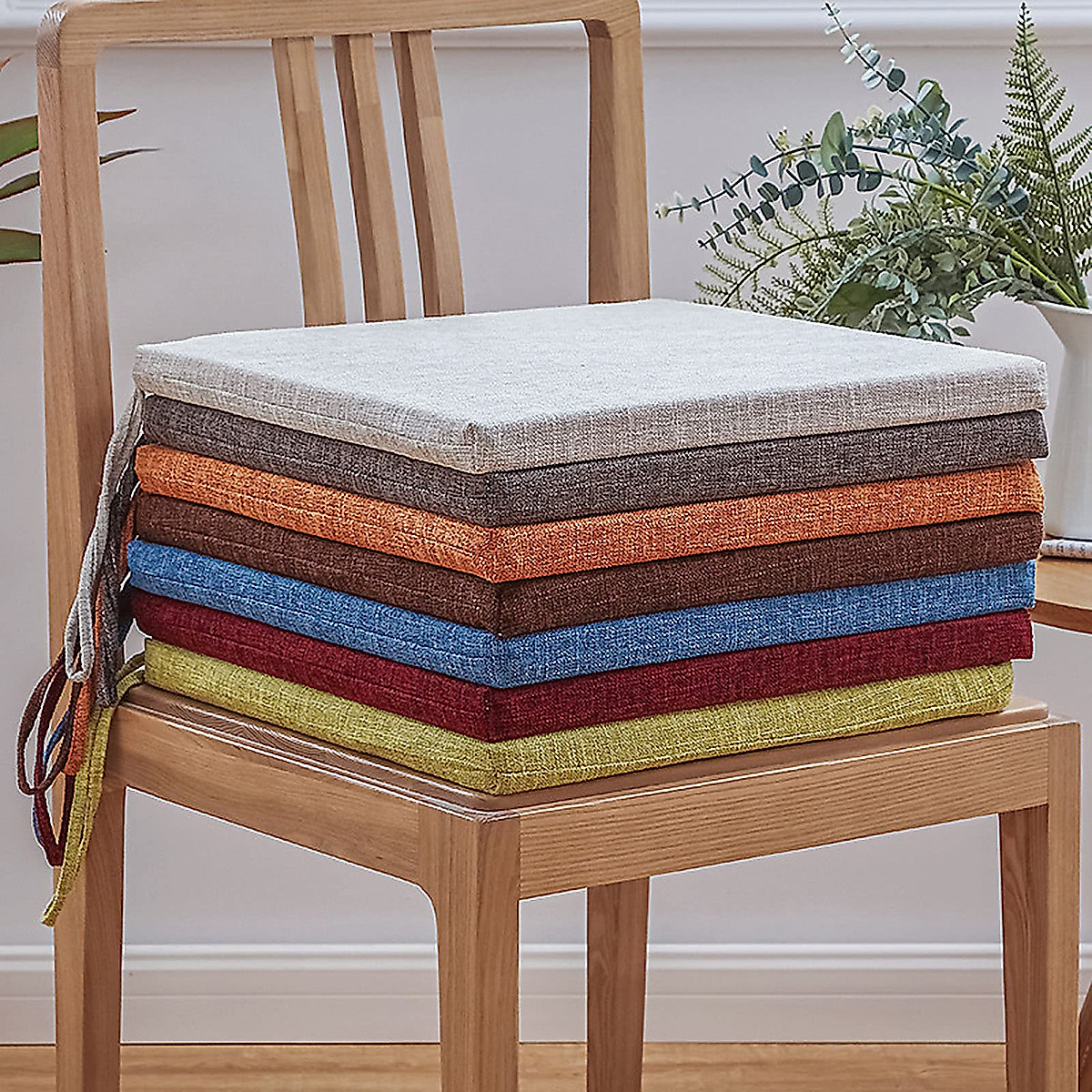 WJXBoos Latex Chair Pads,Custom Size Linen Dining Chair Cushion Kitchen Seat Pads with Ties Checkered Non-Slip Office Chair Cushion (Beige,16"*16"*2")