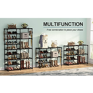 Tribesigns 9 Tiers Shoe Rack, 28-32 Pairs Large Separable Shoe Organzier 9-Tier +5-Tier Metal Boot Shelf with Side Hooks Shoe Tower Space Saving Shoe Storage Cabinet for Entryway Room Organization