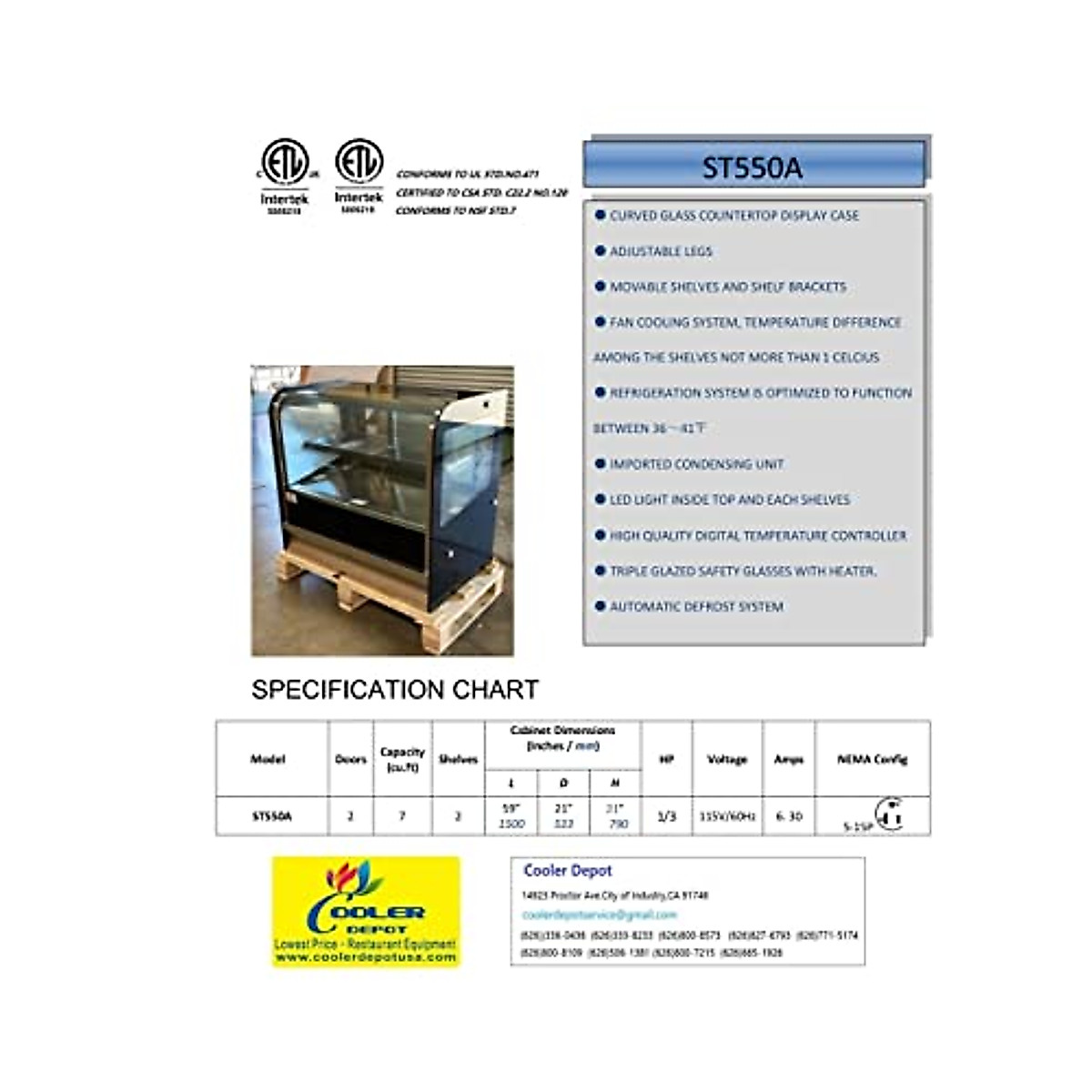 Bakery Display Cooler Case Counter top Desktop vertical Commercial refrigerator Pastry Deli 60" Glass NSF ETL UL-ST550A