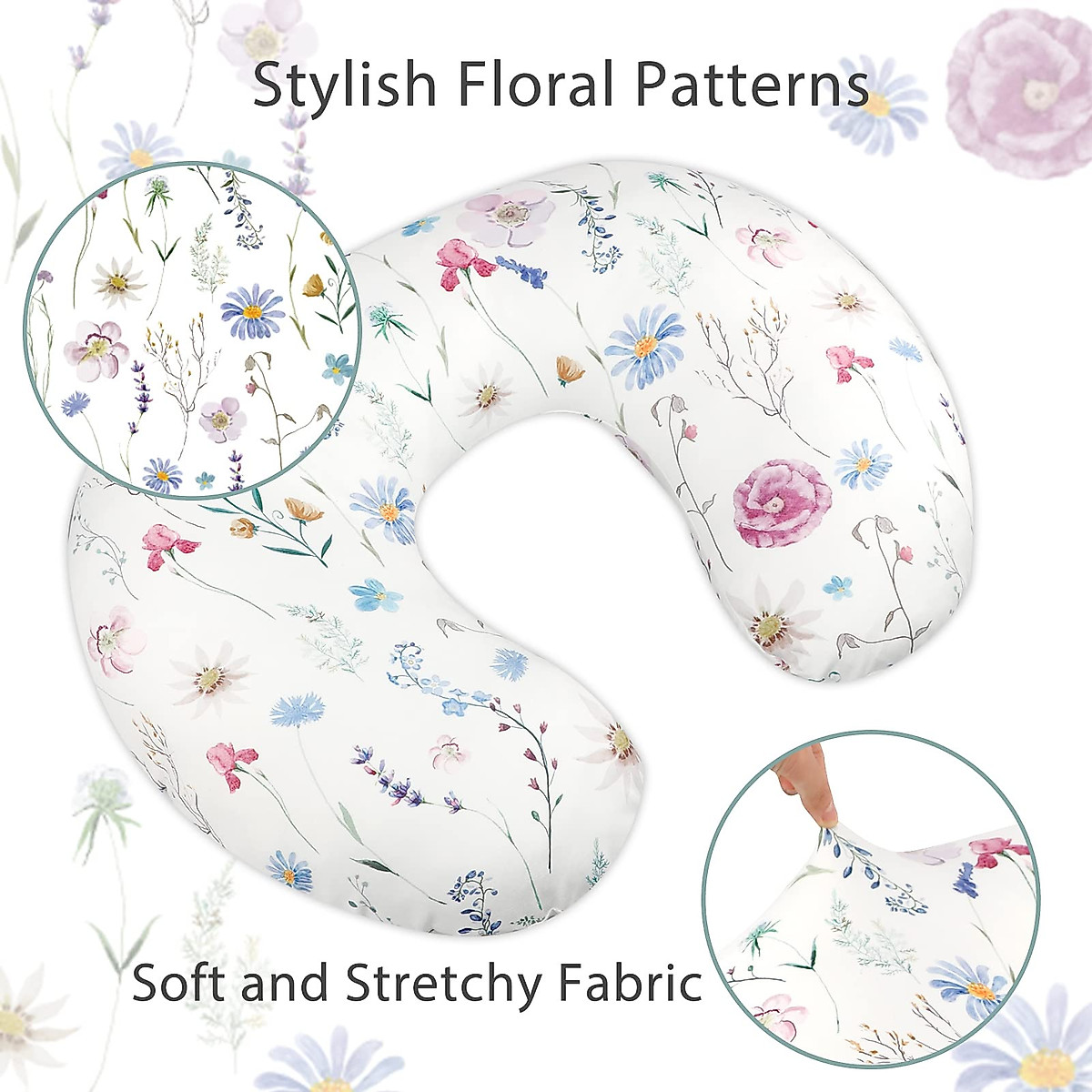Nursing Pillow Cover Breastfeeding Pillow Slipcover for Moms Soft Breathable Organic Knit Fabric Newborn Infant Feeding Pillow Covers for Baby Girl Boy, Stylish Floral