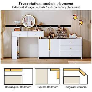 Vanity desk with mirror and lights, 3 Color Touch Screen,Modern Retractable Makeup Dressing Table with Adjustable Cabinet and 5 Sliding Drawers,Vanity Table Set ,Writing Desk Bedroom Essential,White