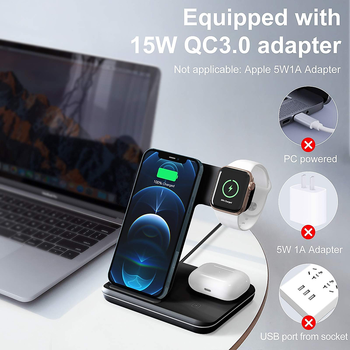 Liwin Wireless Charger, 3 in 1 Fast 15W Wireless Charging Station