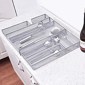 WuGeShop Expandable Kitchen Drawer Organizer, Large Silverware Organizer, Adjustable Mesh Utensils Cutlery Tray with Anti-slip Mat (7+2 Compartment, Silver)