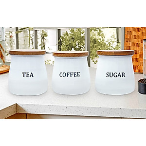 White Coffee Sugar Tea Canister Set of 3 - Galvanized Metal Container With Wooden Lid - Beautiful Fancy Elegant Decorative Food Storage Jars Perfect for Farmhouse Kitchen Décor Restaurant - 4.25 Inch