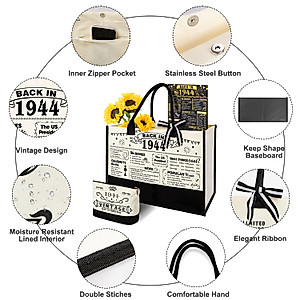 80th Birthday Gifts for Women Canvas Tote Bag Travel Gear, Unique 80 Years Old Birthday Gifts for Mom Wife Aunt Friends Her Turning 80, Vintage 1944 Beach Bag & Cosmetic Bag & Back in 1944 Poster