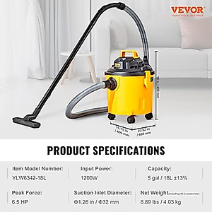VEVOR Shop Vacuum Wet and Dry, 5 Gallon 6 Peak HP Wet/Dry Vac, Powerful Suction with Blower Function with Attachments 2-in-1 Crevice Nozzle, Small Shop Vac Perfect for Carpet Debris, Pet Hair, Car