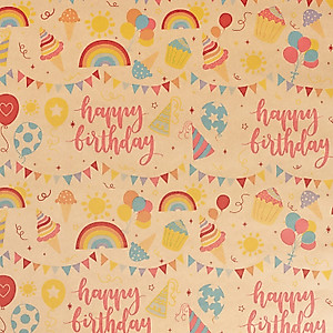 RUSPEPA Kraft Wrapping Paper Roll - Birthday Theme Design Great for Birthday, Party, Baby Shower Wrap - 24 inches X 100 feet