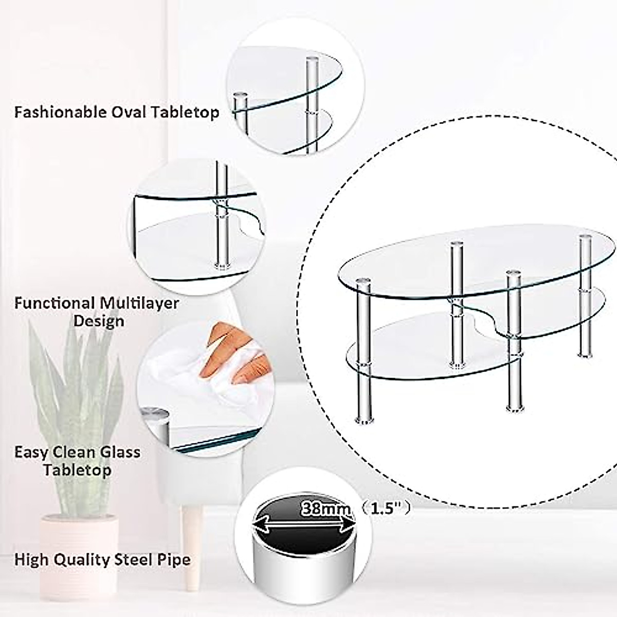 Glass Coffee Table, 3-Tier Oval-Shaped Glass Tea Table Modern Smooth Tea Table w/Spacious Glass Desk-Top Boards & Sturdy Chrome Plated Legs Home Office Reception