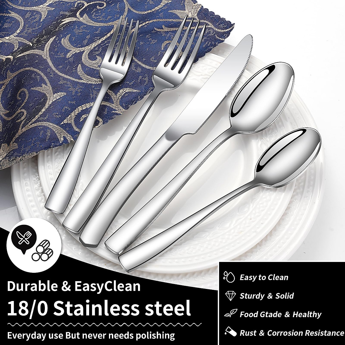 40-Piece Silverware Set, Heavy Duty Stainless Steel Flatware Set Service for 8, Modern Design Cutlery Utensil Sets, Dinner Fork Knife Spoon Eating Tableware Sets for Home, Dishwasher Safe
