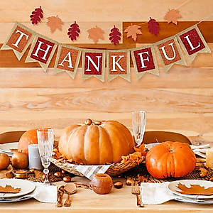Whaline Fall Banner Thankful Burlap Banner Maple Leaf Glitter Paper Banner Pre-Assembled Rustic Bunting Garland for Autumn Harvest Hanging Decorations Thanksgiving Party Supplies Home Decoration