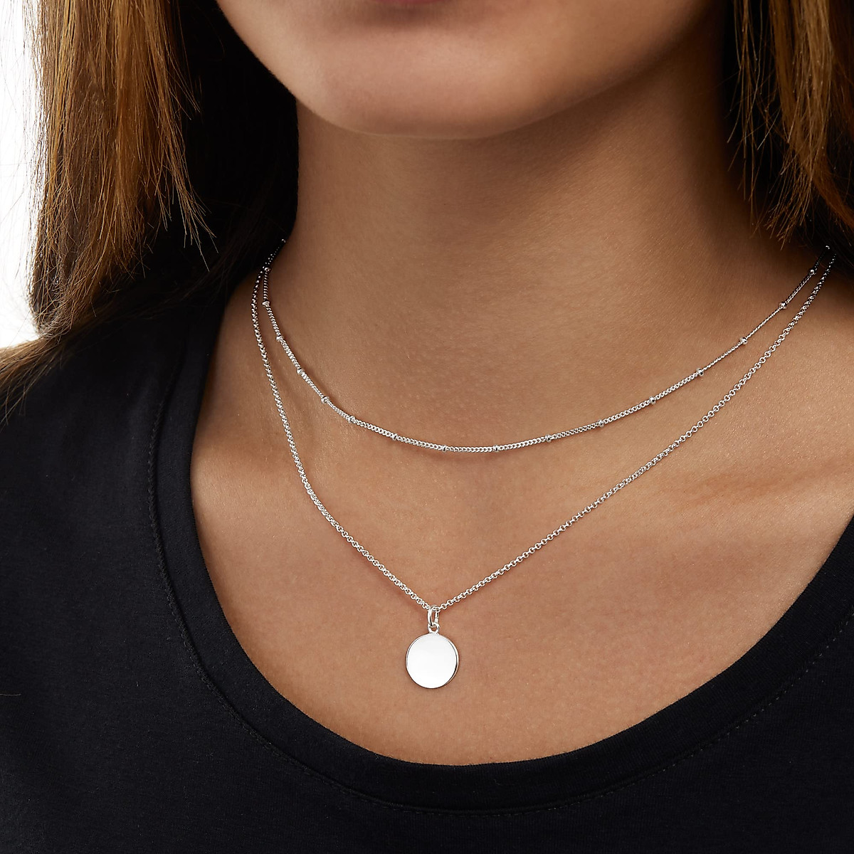 Amazon Essentials Sterling Silver Plated Polished Disc and Beaded Chain 2 Row Layer Necklace, Sterling Silver