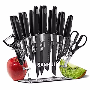 SANHUI 17 in 1 Black Knife Sets Acrylic Stand Stainless Steel Kitchen Knife Set with Block Contain 8 Piece Chef Knife Set 6-Piece Black Steak Knives with Scissor and Vegetable Peeler Knife
