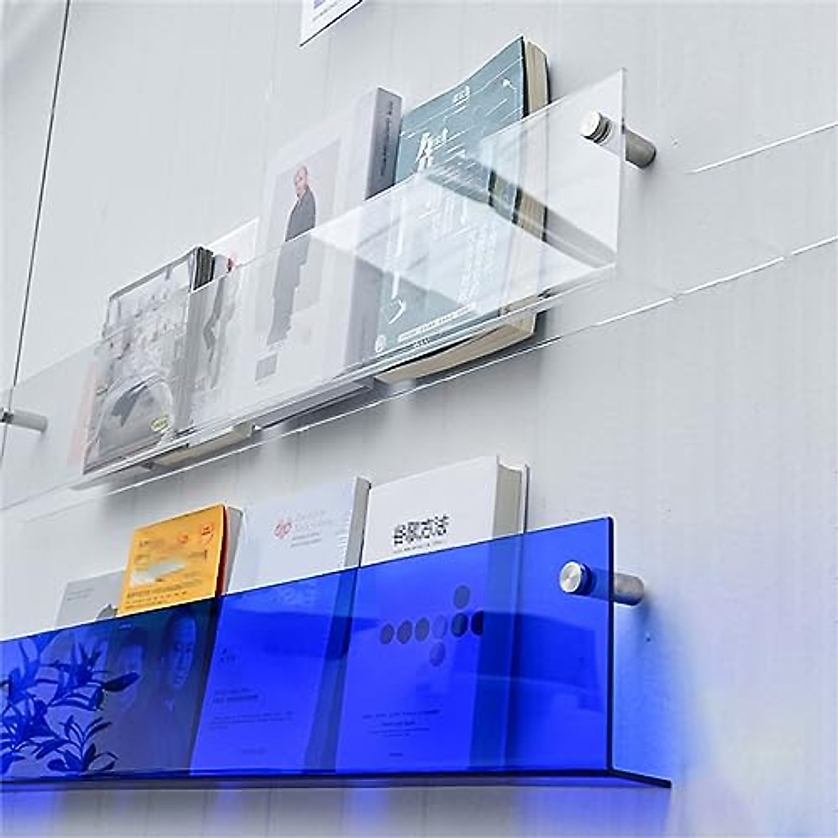 KWOKING Scandinavian Floating Bookcase Acrylic Closed Back Bookshelf Transparent Acrylic Bookshelf Book Storage Rack Wall Newspaper Picture Album Book Rack Display Stand Blue 31.5" L x 2" W x 5.9" H