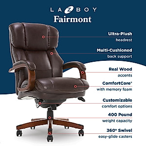 La-Z-Boy Fairmont Big and Tall Executive Office Chair with Memory Foam Cushions, High-Back with Solid Wood Arms and Base, Bonded Leather, Big & Tall, Biscuit Brown