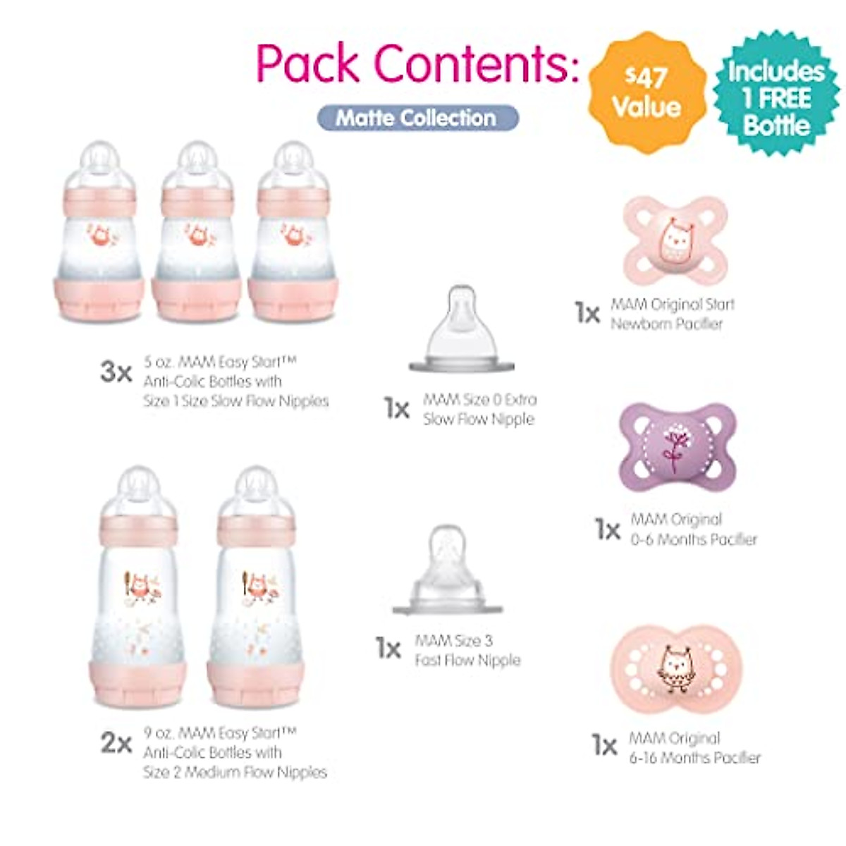 MAM Newborn Essentials "Baby Essentials" Matte Gift Set (9-Piece), Easy Start Anti-Colic Baby Bottles, Baby Pacifiers, Girl
