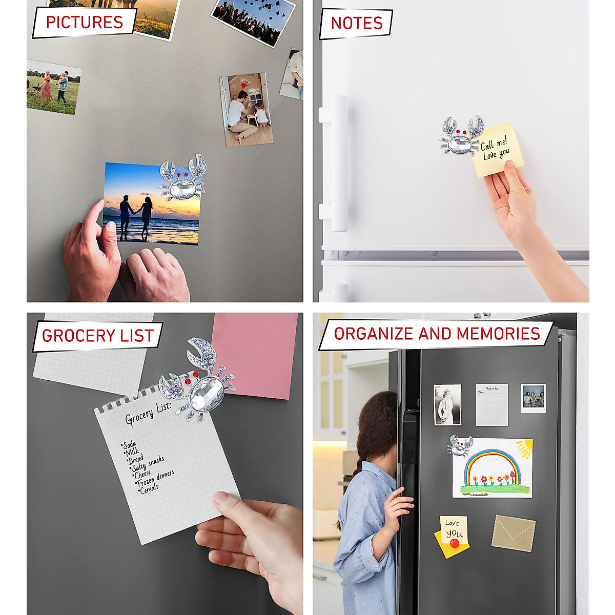 COTA Global Crab Sparkling Refrigerator Magnet - Silver & Red Sparkling Rhinestones Crystals, Cute Sparkly Ocean Life Animal Magnet for Kitchen Door Fridge, Cool Home & Office Novelty Decor - 3 Inch